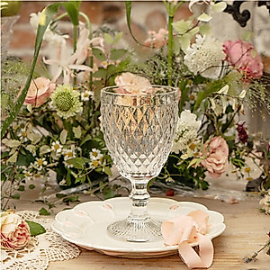 ZOOFOX Set of 6 Water Goblet Glasses, 10 oz Stemmed Wine Glasses with Embossed Design, Vintage Drinking Glassware for Anniversary, Wedding, Party, Housewarming Gift