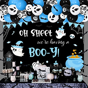 JOYMEMO Halloween Baby Shower Decorations Blue - Oh Sheet We're Having a Boo-y Backdrop, Halloween Balloon Garland Arch Kit with 3D Bat Stickers for Pregnancy Celebration Gender Reveal Party Supplies