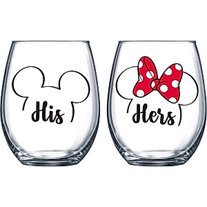 Disney Mickey and Minnie His & Hers Stemless Wine Glass Set
