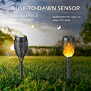 REEGOLD Solar Outdoor Flame Torch Lights: LED Tiki Torches with Flickering Flames for Christmas Halloween Garden Yard Patio Decor | IP65 Waterproof Landscape Lights with Auto On/Off | 6 Pack