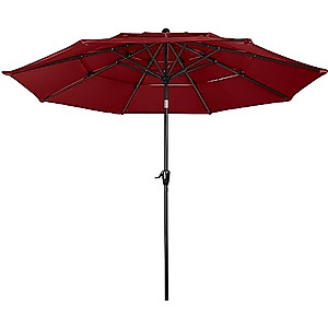 Pure Garden 10 ft Patio Umbrella - 3-Tiered Sunshade with Push Button Tilt and Easy-Open Crank - Outdoor Umbrella for Deck, Yard, or Pool (Red)