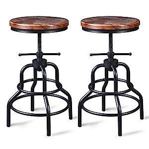 LOKKHAN Vintage Industrial Bar Stool-Rustic Swivel Bar Stool-Round Wood Metal Stool-Kitchen Counter Height Adjustable Pipe Stool-Cast Steel Stool 20-27 Inch (Set of 2)