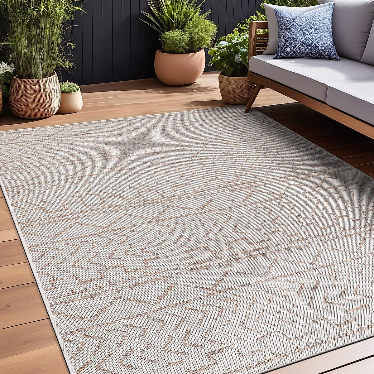 Beverly Rug Waikiki Indoor Outdoor Rug 6x9, Washable Outside Carpet for Patio, Deck, Porch, Trellis Area Rug, Water Resistant, Beige - White