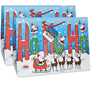 Gift Boutique 12 Jumbo Christmas Tote Bags with Handles 15" Wide X 11" High X 11" Deep Extra Wide Large Giant Reusable Grocery Shopping Paper Bags Big Gusset for Food Cookie Container & Foil Tin Pan