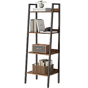 Bookshelf, Ladder Shelf with Steel Frame, 4-Tier Industrial Bookcase, Narrow Tiered Shelf for Small Space, Corner Shelf for Living Room, Home Office, Kitchen, Bedroom, Bathroom（Rustic Brown & Black）