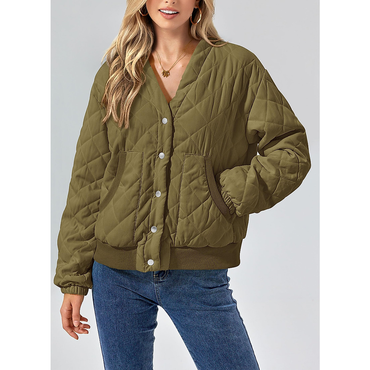 PRETTYGARDEN Women's 2024 Winter Trendy Jackets Button Down Long Sleeve Padded Warm Outerwear Fashion Coats with Pockets (Army Green,Small)