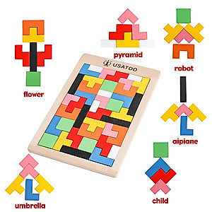 USATDD Wooden Puzzles Blocks Brain Teasers Toy Russian Tangram Colorful Jigsaw Game Montessori Intelligence STEM Preschool Educational Gift for Baby Toddlers Kids 3 4 5 6 7 Years Old Boys Girls 40Pcs