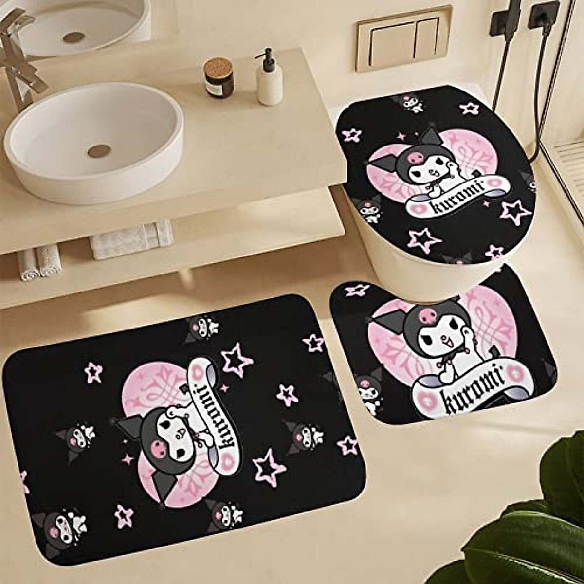 fmsnupz 4PCS Anime Shower Curtain Set, Cute Bathroom Decor with Non-Slip Rugs, Toilet Lid Cover and Bath Mat, Waterproof Fabric Shower Curtains with 12 Hooks, 70.8"x70.8"