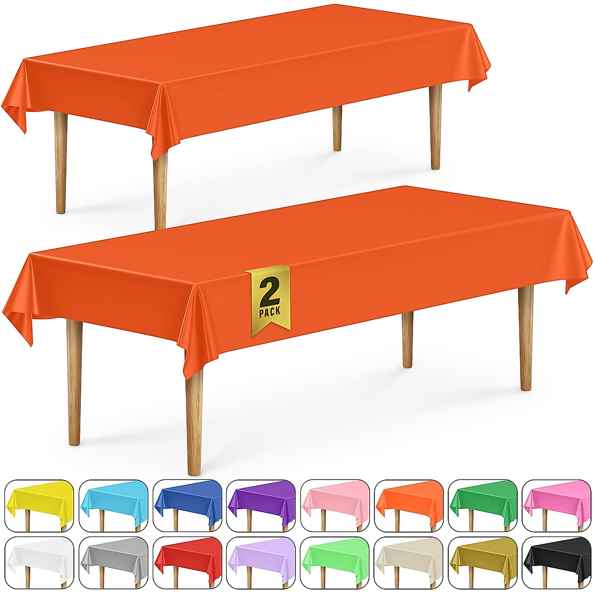 DecorRack 2 Rectangular Tablecloths BPA-Free Plastic, 54 x 108 inch, Dining Table Cover Cloth Rectangle for Parties, Picnic, Camping and Outdoor, Disposable or Reusable in Bright Orange (2 Pack)