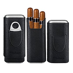 COOL KNIGHT Leather Cigar Case - Cedar Wood Lining Travel Humidors for Cigars - Cigar Accessories Include Stainless Steel Cigar Cutter - Cigar Gift Box for Cigar Lovers (Black)