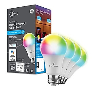 GE CYNC Smart LED Light Bulbs, Color Changing, Bluetooth and Wi-Fi Enabled, Alexa and Google Assistant Compatible, A19 Light Bulbs (4 Pack), 9.5 W