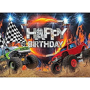 SVBright Truck Backdrop 7Wx5H Monster Baby Boys Kids Happy Birthday Party Racing Speed Checkered Grave Digger Cars Photography Background Banner Photo Booth Studio Polyester Fabric