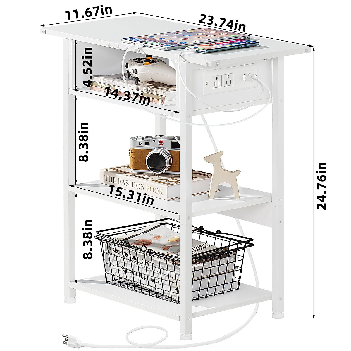 Lerliuo Side Table with Charging Station，Narrow End Table with USB Ports and Outlets,White Skinny Nightstand with Open Storage Shelf for Small Space，Slim Sofa Bedside Table for Living Room Bedroom