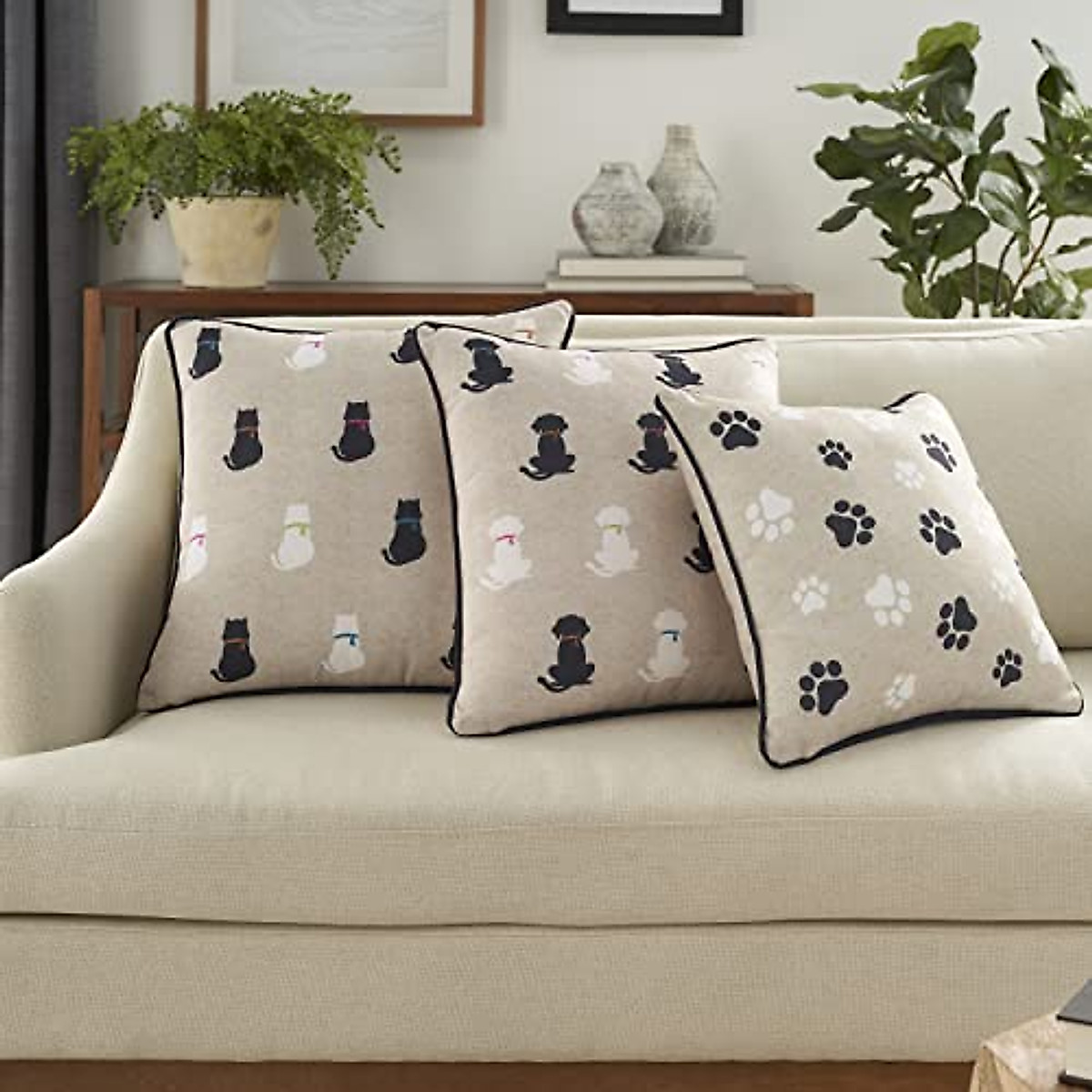 Mina Victory Pet Beds & Houses Emb Paw Prints Black 14" x 14" Throw Pillow