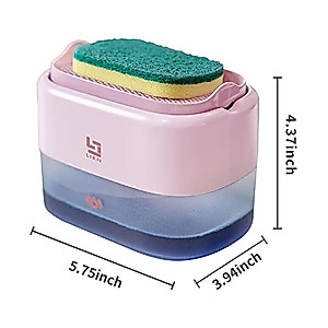 LIEN Dish Soap Dispenser Pump and Sponge Holder, 2 in 1 Dish Washing Soap Dispenser Caddy for Kitchen, 10.5 Ounces (Sakura Pink)