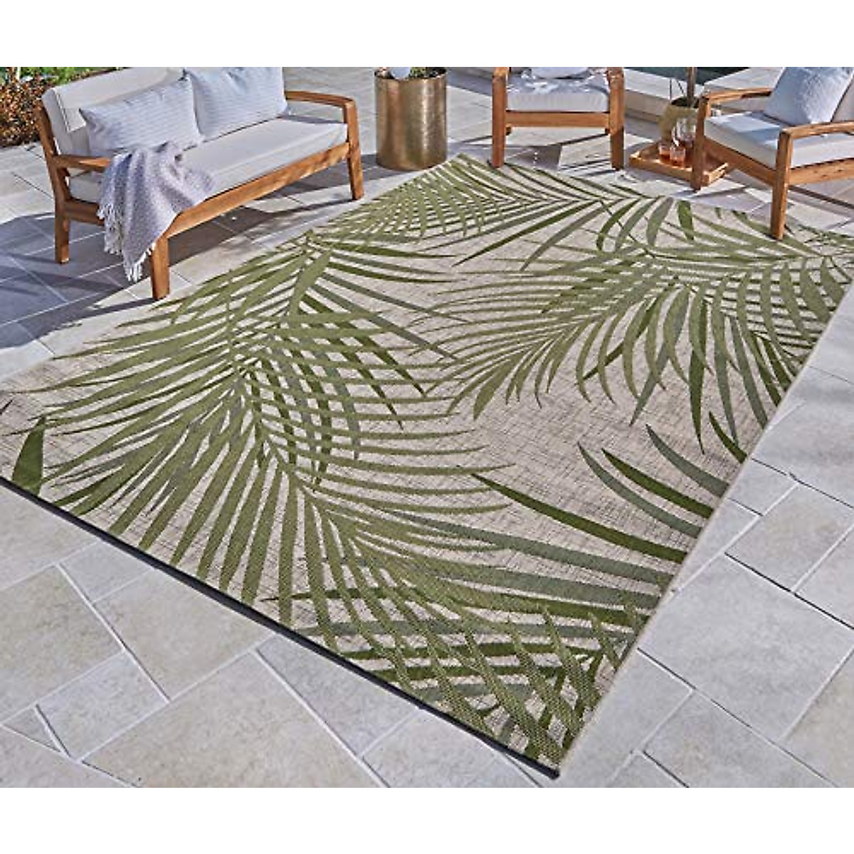 Gertmenian Indoor Outdoor Area Rug, Classic Flatweave, Washable, Stain & UV Resistant Carpet, Deck, Patio, Poolside & Mudroom, 8x10 Ft Large, Royal Palm Leaf, Green, 21952