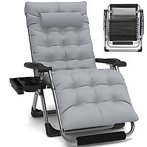 Slendor Oversized Zero Gravity Chairs XL, Padded Anti Gravity Chair, 29in Zero Gravity Lounge Chair, Folding Reclining Chair w/Aluminum Alloy Lock, Headrest, Cup Holder, Support 440lbs, Gray