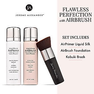 MagicMinerals AirBrush Foundation Set by Jerome Alexander (LIGHT MEDIUM) – 3pc Set Includes Primer, Foundation and Kabuki Brush - Spray Makeup with Anti-aging Ingredients for Smooth Radiant Skin