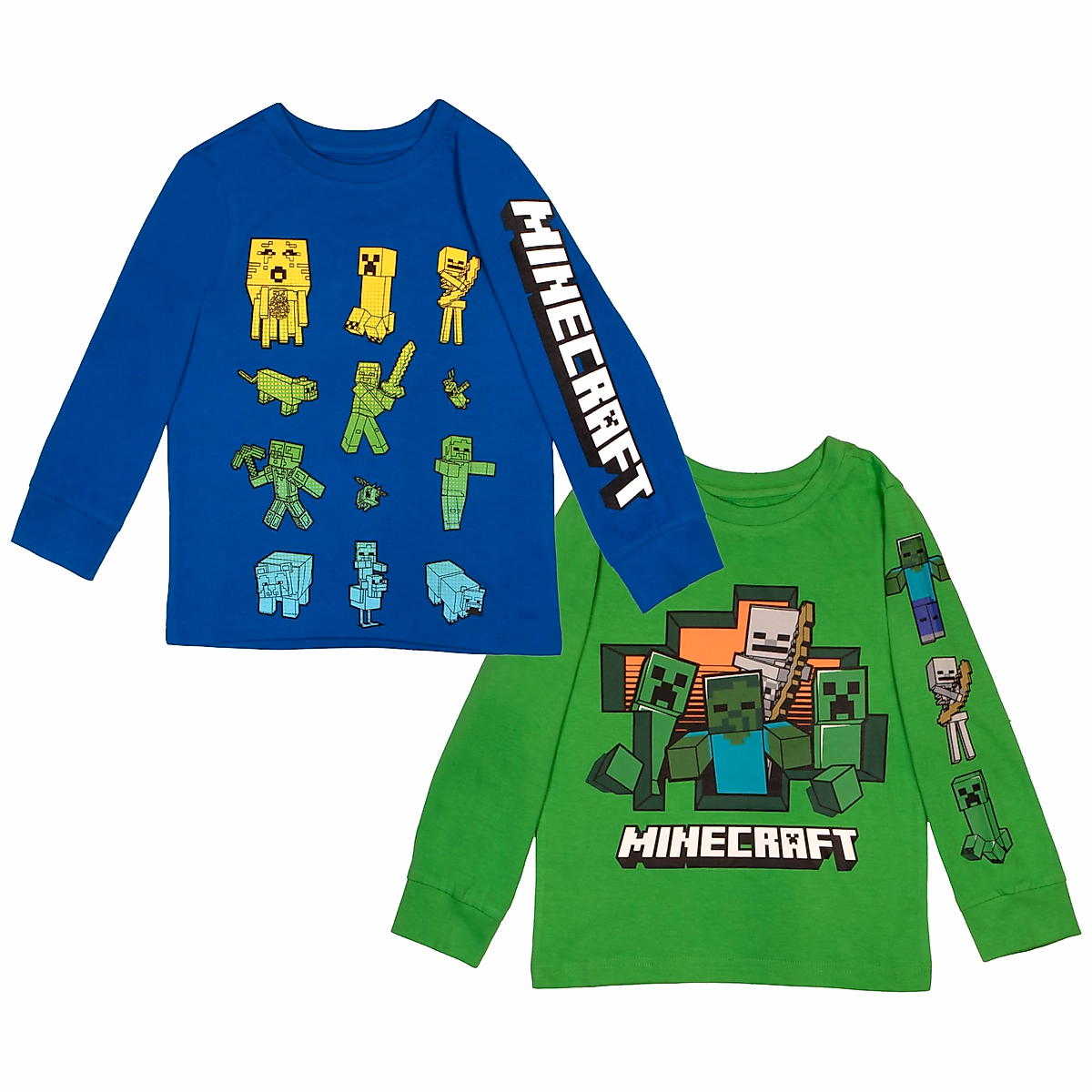 Minecraft Characters Boys Long Sleeve T-Shirt, 2-Pack Bundle Set for Kids and Toddlers (Size 10/12, Green/Royal)