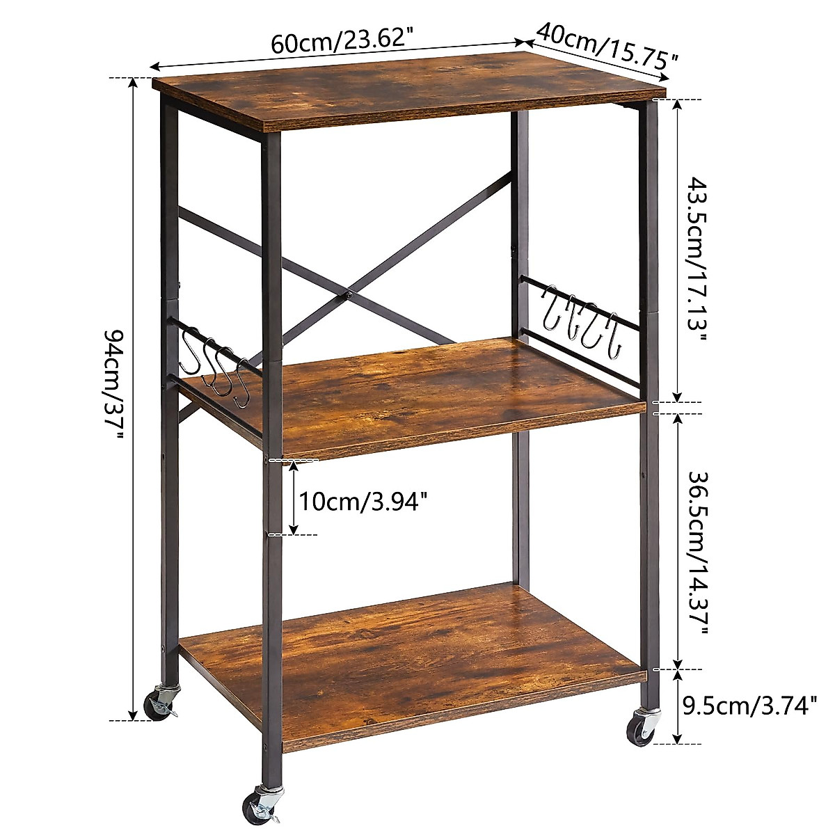 IBUYKE Kitchen Shelf Cart, 3-Tier Microwave Oven Stand, Baker’s Rack with Metal Frame and 8 Hooks, Industrial Printer Stand, Utility Standing Storage Shelf for Coffee Bar, Simple Assembly, TMJ023H