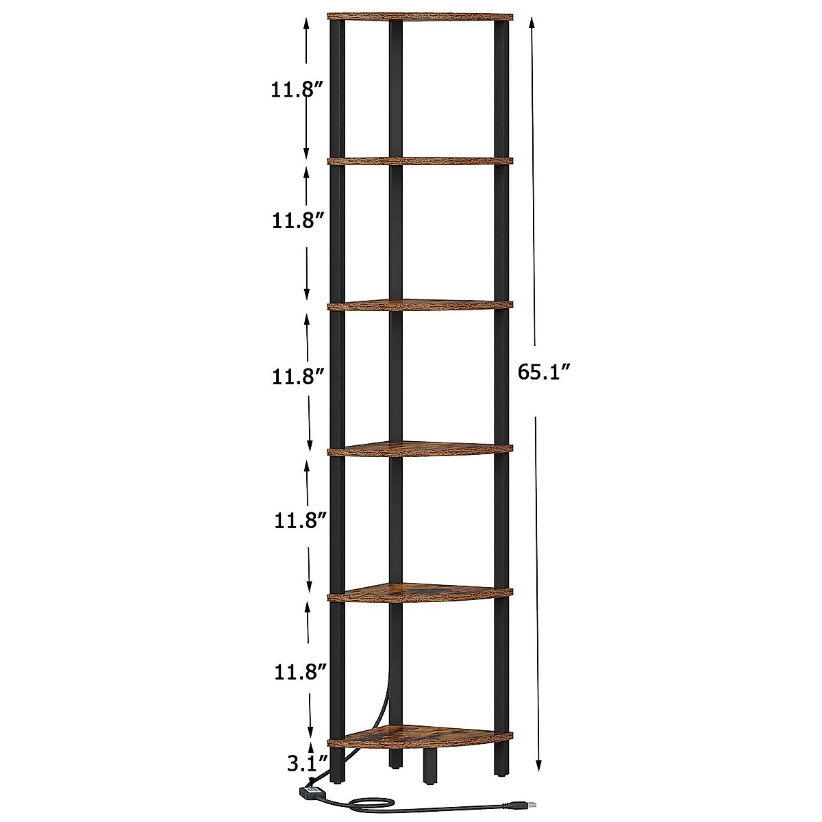 VIMBER 6-Tier Corner Shelf with LED Light, Industrial Corner Ladder Shelf, Rustic Display Shelf for Living Room, Bedroom, Kitchen, Home Office, Sturdy Frame, Rustic Brown and Black UJSJ002F