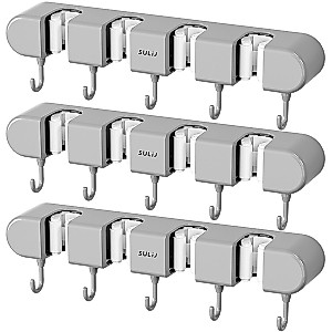 ZLHETWT 3Pcs Broom Mop Holder with Hooks, Wall Mounted Mop Holder Hanger Non Perforated Plastic Broom Storage Rack Adhesive Design Mop Broom Organizer for Bathroom Kitchen Garage