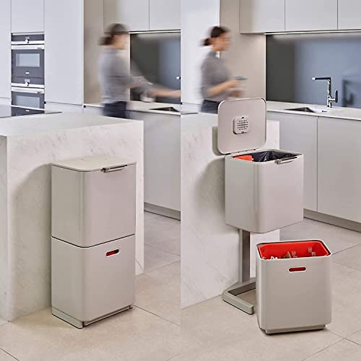 Joseph Joseph Totem Max 60 liter Waste Separation and Recycling Kitchen Trash Can with Odor filter and removable food waste caddy, Stone