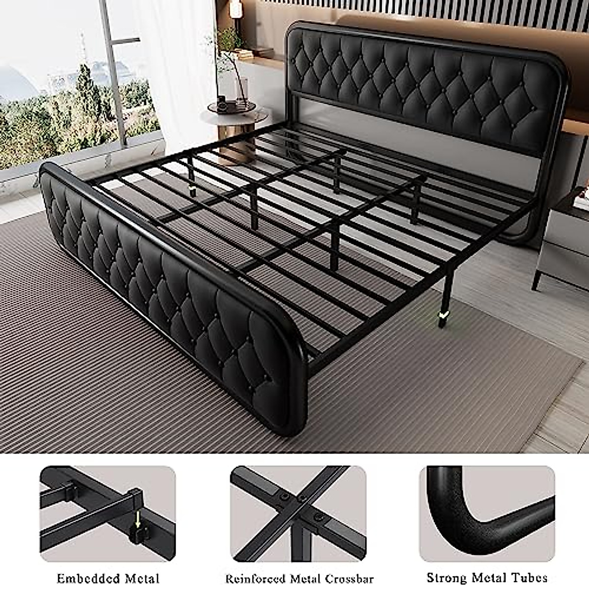 Feonase King Bed Frame with Rhombus Button Tufted, Oval-Shaped Metal Platform Bed with Faux Leather Headboard, Strong Slats Support, 12" Under-Bed Storage, Noise-Free, Easy Assembly, Black