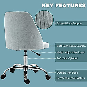 Loyrus Home Office Desk Chair, Vanity Chair, Modern Adjustable Mid-Back Cute Upholstered Armless Linen Fabric Chair, Computer Chair with Wheels for Bedroom Studying Room Vanity Room (Grey)