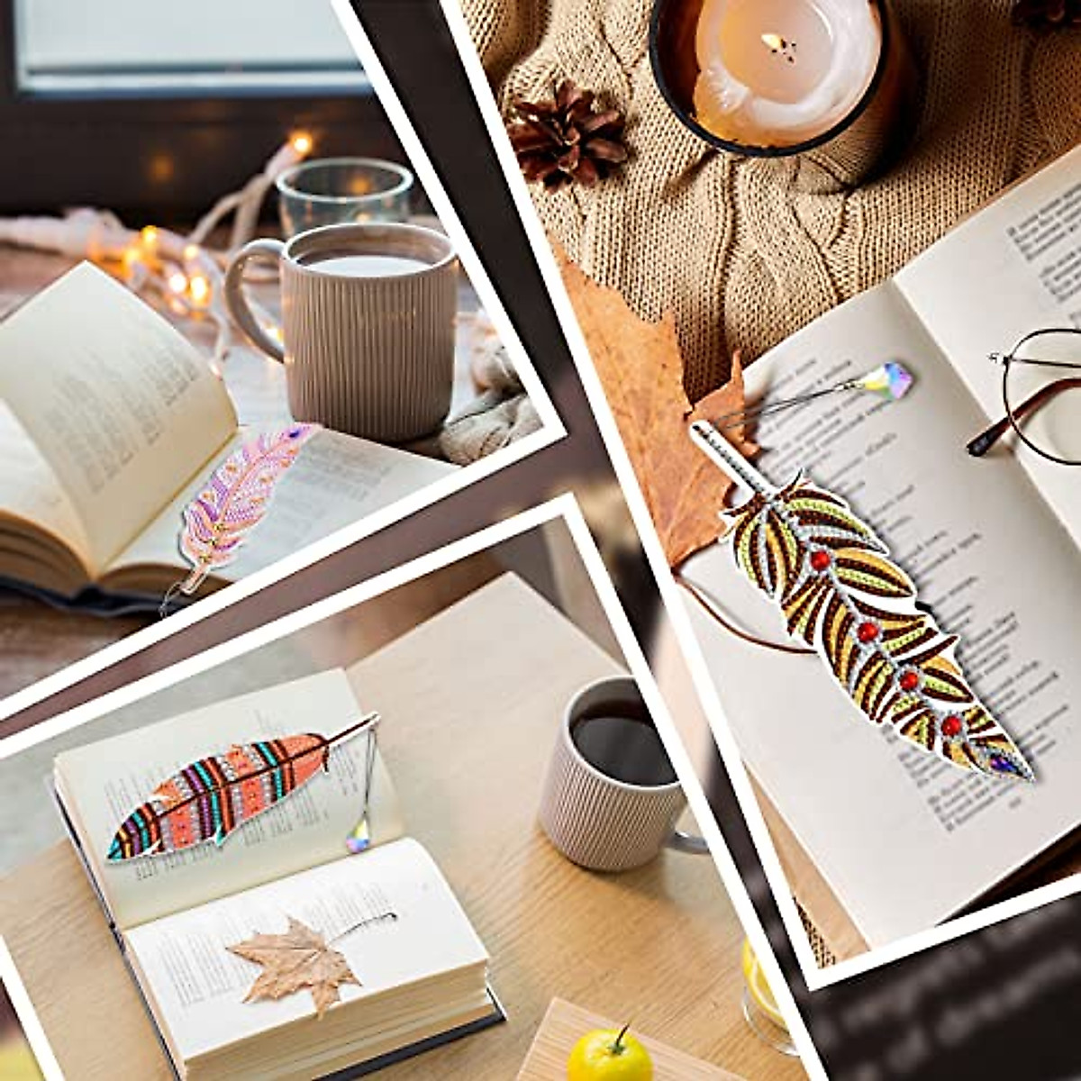 6 Pcs Diamond Painting Bookmarks Kit 5D DIY Feather Rhinestones Bookmark for Kids Adults PVC Art Bookmarks with Crystal Pendant for Crafts School Beginner Office Home, 6 Styles (Vintage)