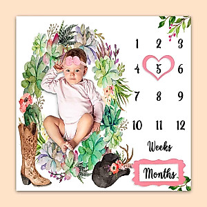 PHMOJEN Baby Monthly Milestone Blanket, Western Cowboys Floral Wreath Age Blanket for Nursery, Unisex for Newborn 1-12 Months, Includes 4 Frame and 1 Headband 47"x47" BTLSPH463