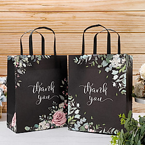 AnyDesign Floral Thank You Gift Bags with Handles Black Thank You Goody Bags Flower Kraft Paper Treat Bags Party Favor Bags for Wedding Birthday Baby Shower Party Favors, 4 Designs, 20Pack