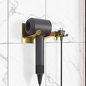 XIGOO Adhesive Hair Dryer Holder - Stick on Wall or Wall Mount Bathroom Hair Blow Dryer Rack Organizer Compatible with Dyson Supersonic Hair Dryers (Gold)