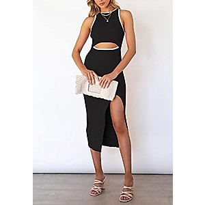 Pink Queen Women's Sleeveless Bodycon Dresses Crew Neck Cutout Side Slit Club Knit Midi Dresses Black L