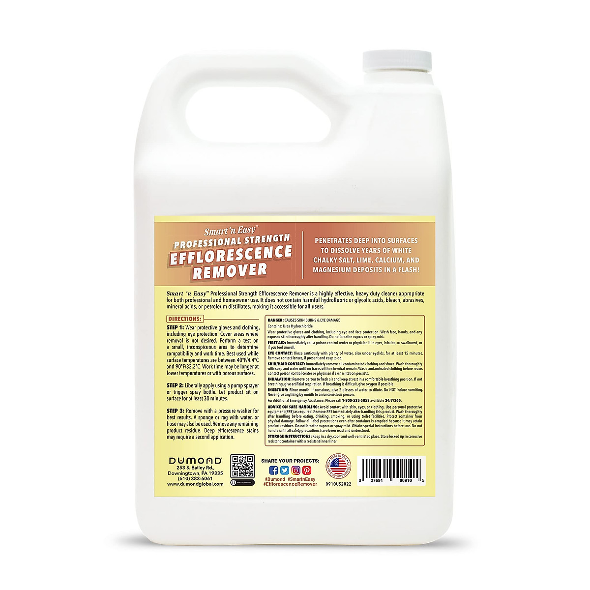 Smart 'n Easy Efflorescence Remover - Heavy Duty Professional Strength Formula - Removes The Toughest Salt, Calcium, and Magnesium Deposits from Concrete, Brick, Stucco, Pavers, & More - 1 Gallon