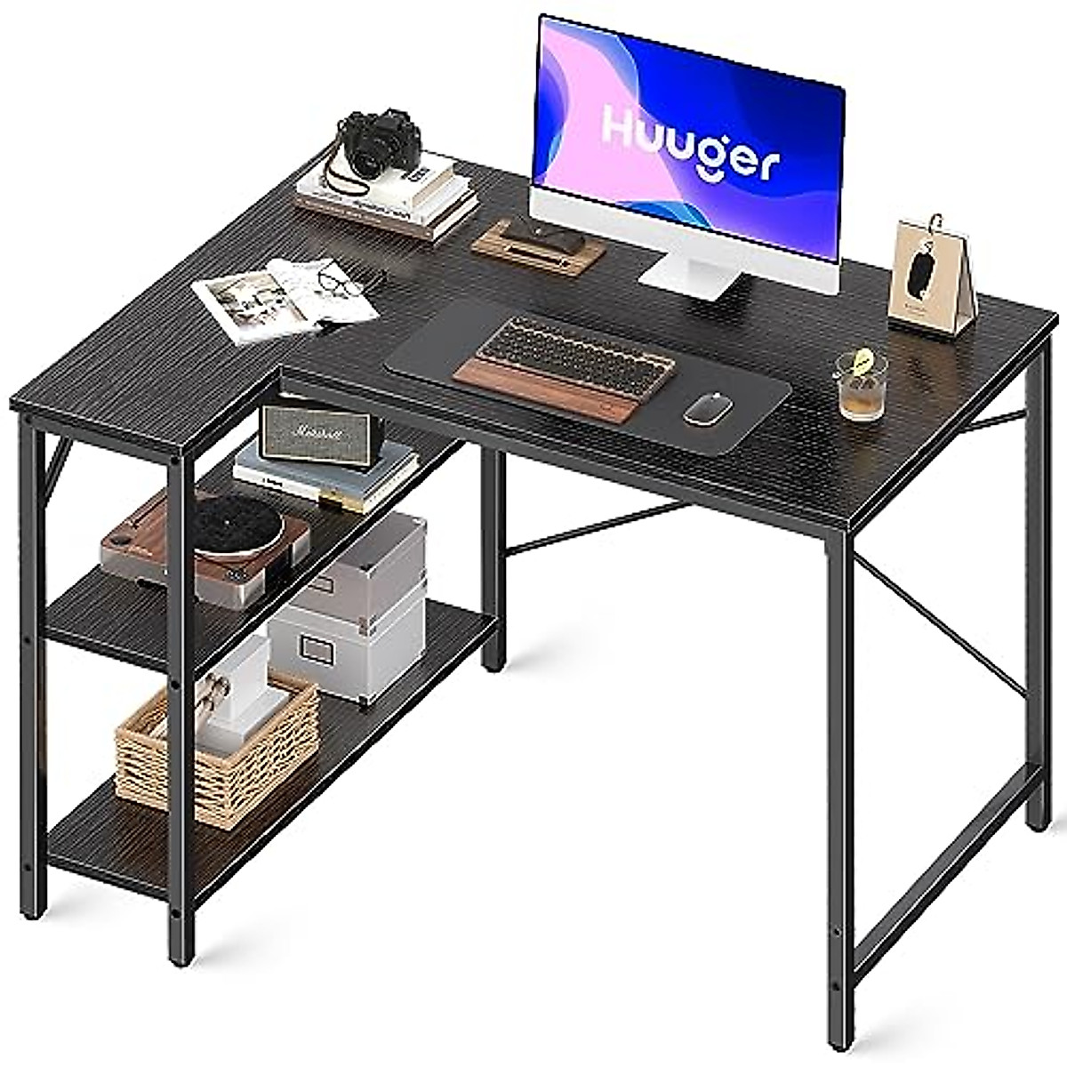 Huuger L Shaped Desk, 39 Inches Computer Desk with Reversible Storage Shelves, Gaming Desk, Corner Desk Home Office Desks, Writing Desk Study Desk with Metal Frame, Black