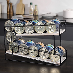 MyGift 2-Tier Rustic Whitewashed Wood and Black Metal Wire Pantry Canned Food Dispenser Storage Organizer Rack