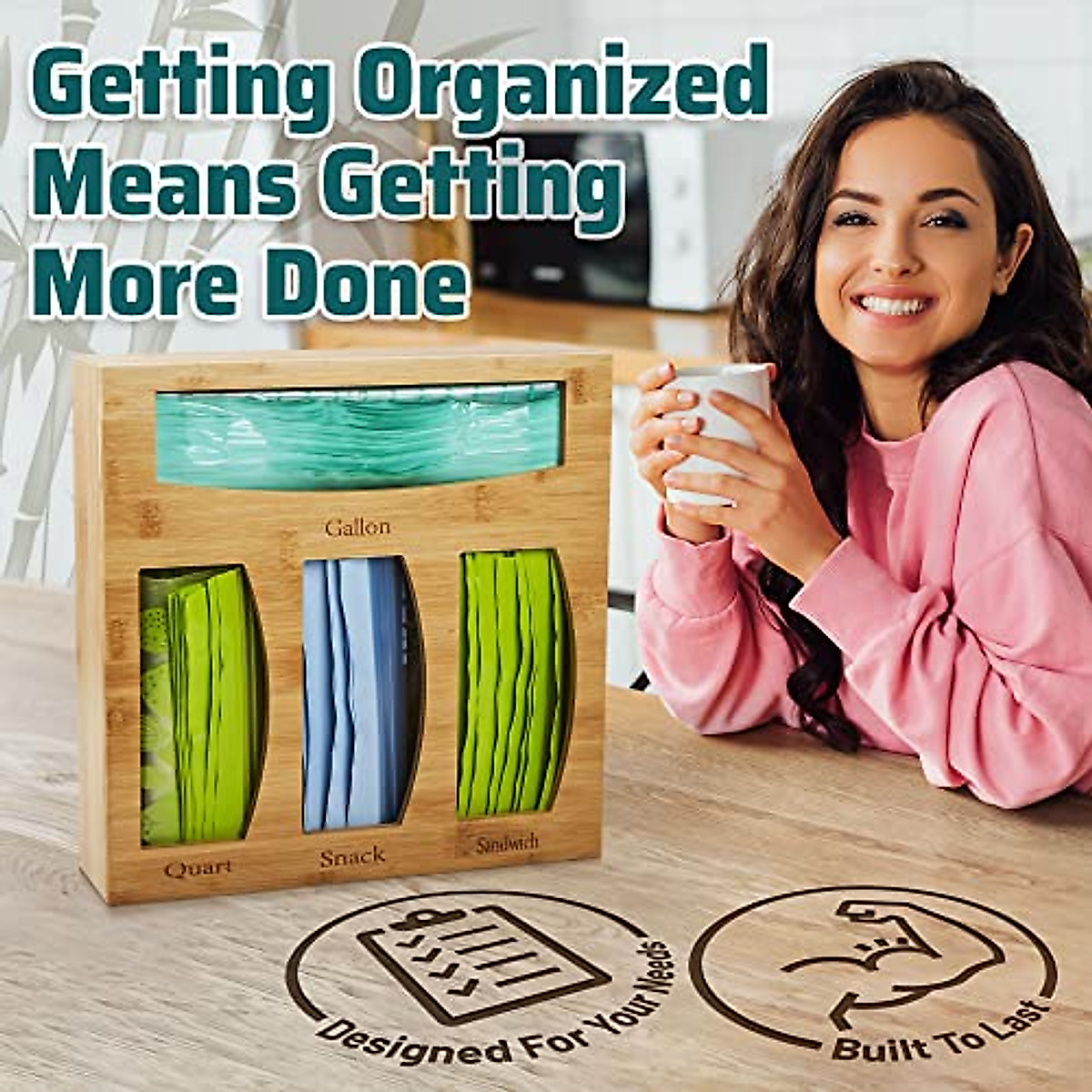 Carnation Brands Bamboo Ziplock Bag Organizer for Drawer - Rustic Brown Dispenser Kitchen Organization Pre-Assembled Baggie Storage to Minimize Clutter 12-''x12-''x3-''