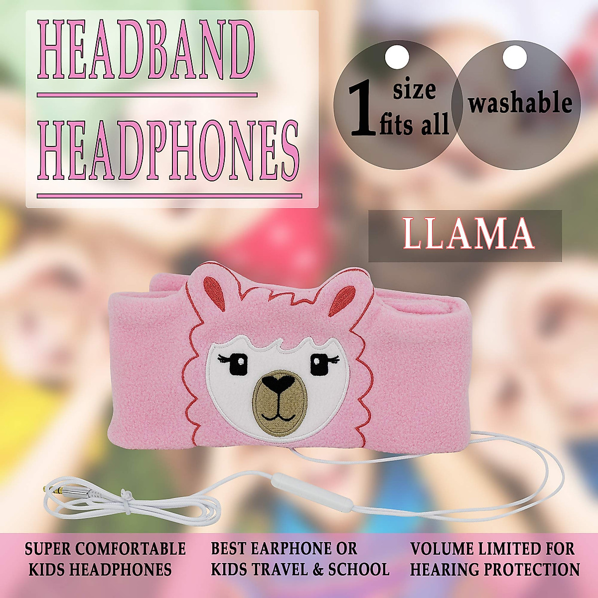 GenTek Kids Ear Headphones with Parental Volume Limiter to Protect Hearing, Washable Super Soft Fleece Headband with Ultra-Thin, Adjustable Removable Speakers (Llama-Pink)