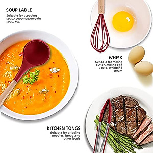 Kitchenware Set wood and silicone 12-piece non-stick frying cooking baking utensils (BPA Free) (Red)