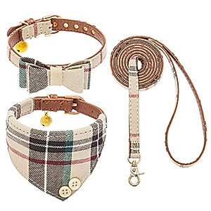 EXPAWLORER Dog Collar and Leash Set - Classic Plaid Dog Bow Tie and Dog Bandana Collar with Bell, Dog Leash Tangle Free, Adjustable Collars for Small Medium Large Dogs Cats, Holiday Ideal Gift