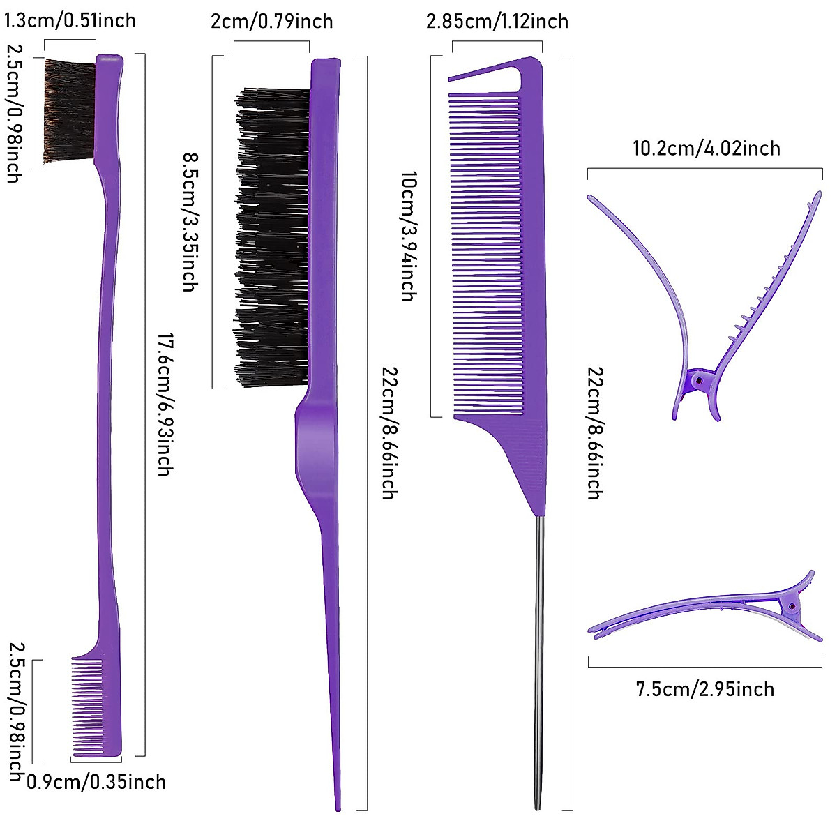 Remerry Nylon Hair Brush Set for Women & Girls, 12 Pieces Including 3 Row Salon Teasing Brushes, Double Sided Hair Edge Brush, Rat Tail Combs, Duckbill Clips - Purple