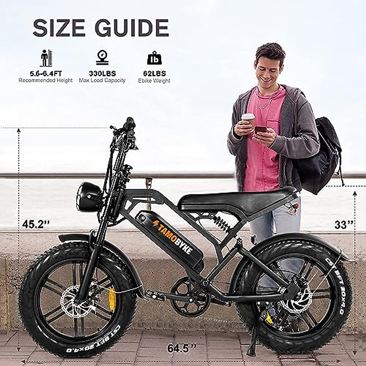 Tamobyke V20 Electric Bike 20 * 4.0 Black Fat Tire, 750W Motor /27-28mph Top Speed Ebike/Removable 48V 15Ah Lithium Battery, Dual Hydraulic Brake,Steering Light Ebike for Adults.