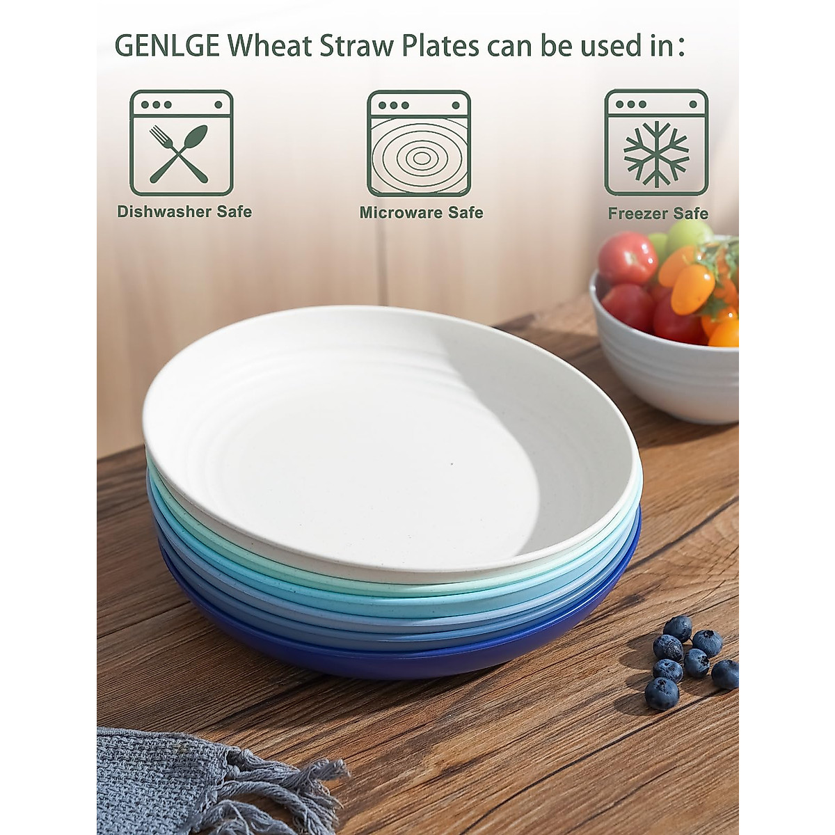 GENLGE Wheat Straw Plates 10 inch Plastic Dinner Plates Set of 6 - Microwave Safe Kitchen Plates, Unbreakable Reusable Plates for Outdoor, Camping, BPA-free