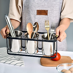 IMEEA Silverware Caddy for Countertop Kitchen Utensil Holder Stainless Steel Utensil Caddy Cutlery Holder with Black Metal Rack