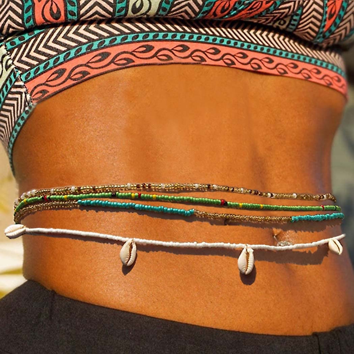 Urieo African Shell Elastic Waist Beads Chain Colorful African Stretchy Belly Bead Layered Beaded Bikini Beach Party Waist Chains Body Jewelry for Women(Pack of 4)