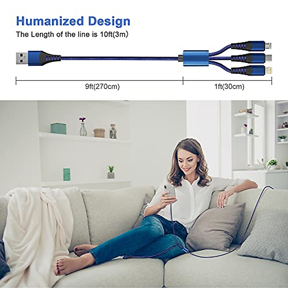 Bawanfa Multi 3 in 1 USB Long Charger Cable, 3M/10Ft 6A PD Fast Braided Charging Cord, Universal Multiple Ports Long Charging Cable with USB C/Micro USB/Lightning Connector