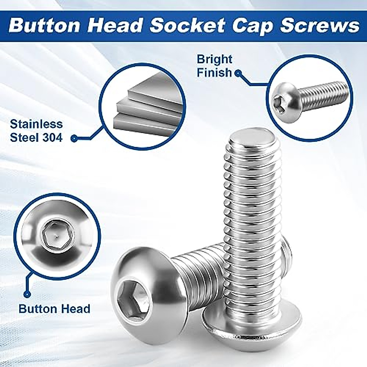 1/4-20 x 1 Button Head Socket Cap Screws, 18-8 Stainless Steel 304, Allen Hex Drive, Bright Finish, Full Thread, 25 PCS