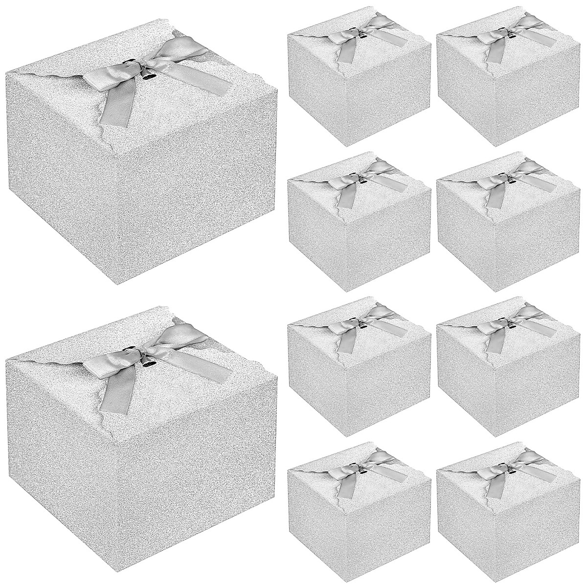 HONEYGIFTS Sliver Gift Boxes, Paper Treat Boxes Glitter Candy Box with Ribbon for Wedding Cookie Chocolates Small Gifts