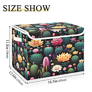 FUGIDOG Storage Boxes with Lids and Handles Watercolour Cactus Foldable Fabric Storage Bins Closet Organizer Large Toy Clothes Containers for Home, Bedroom, Shelves, Office